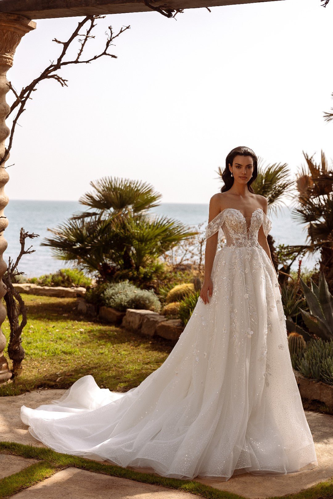 White Off Shoulder Sheer Wedding Dress With Sparkling Sequins And Flor
