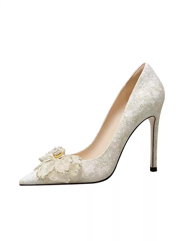 Bridal Bow-Embellished Gold Glitter High Heels - Pointed Toe Wedding S ...