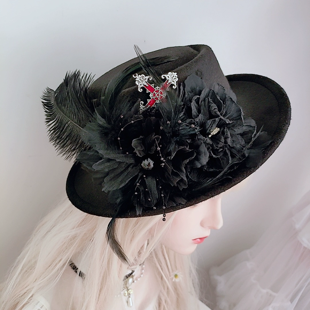 Gothic Hat with Cross Detail - Black Gothic Hat - Black Hat with Feath ...