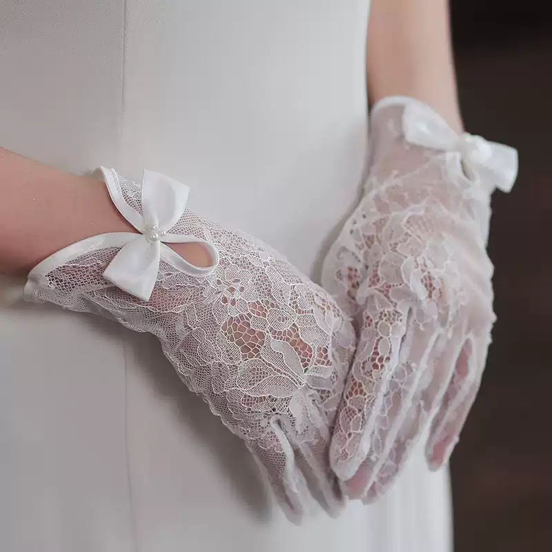 Elegance White Floral Lace Bridal Gloves with Satin Bow ...
