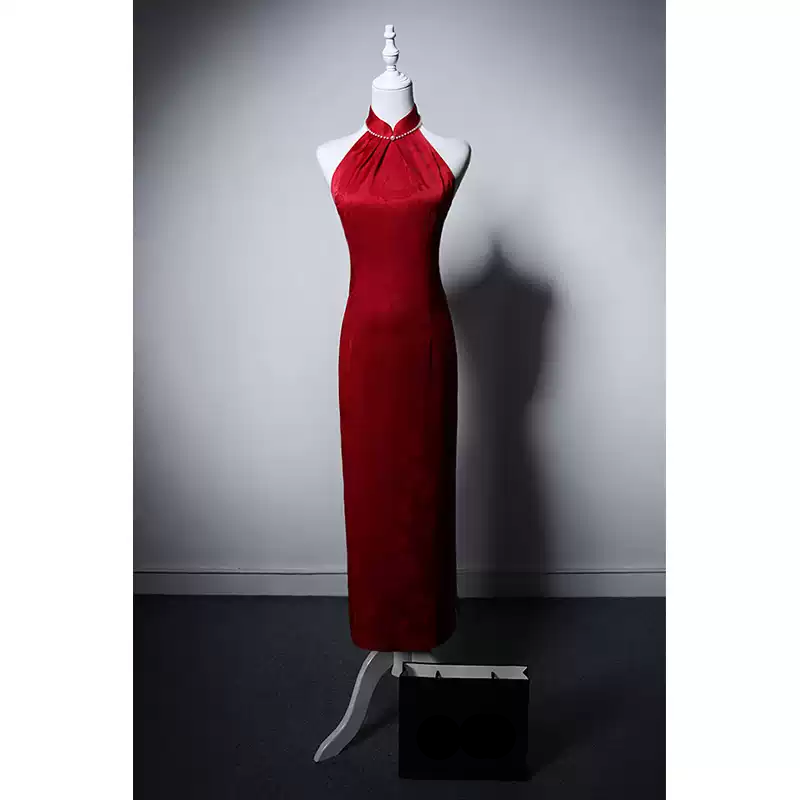 Red Halter Cheongsam Dress with Pearl Detailing - Elegant Sleeveless F ...