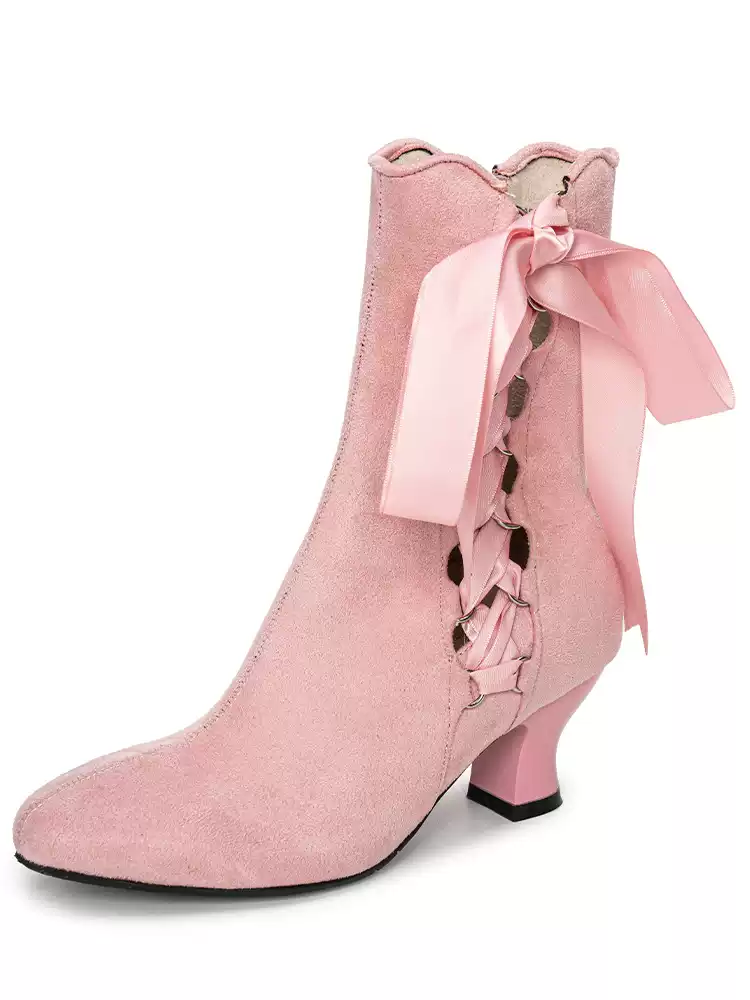 Handmade Regency Pink Suede Lace-Up Ankle Boots with Mid Heel and Sati ...