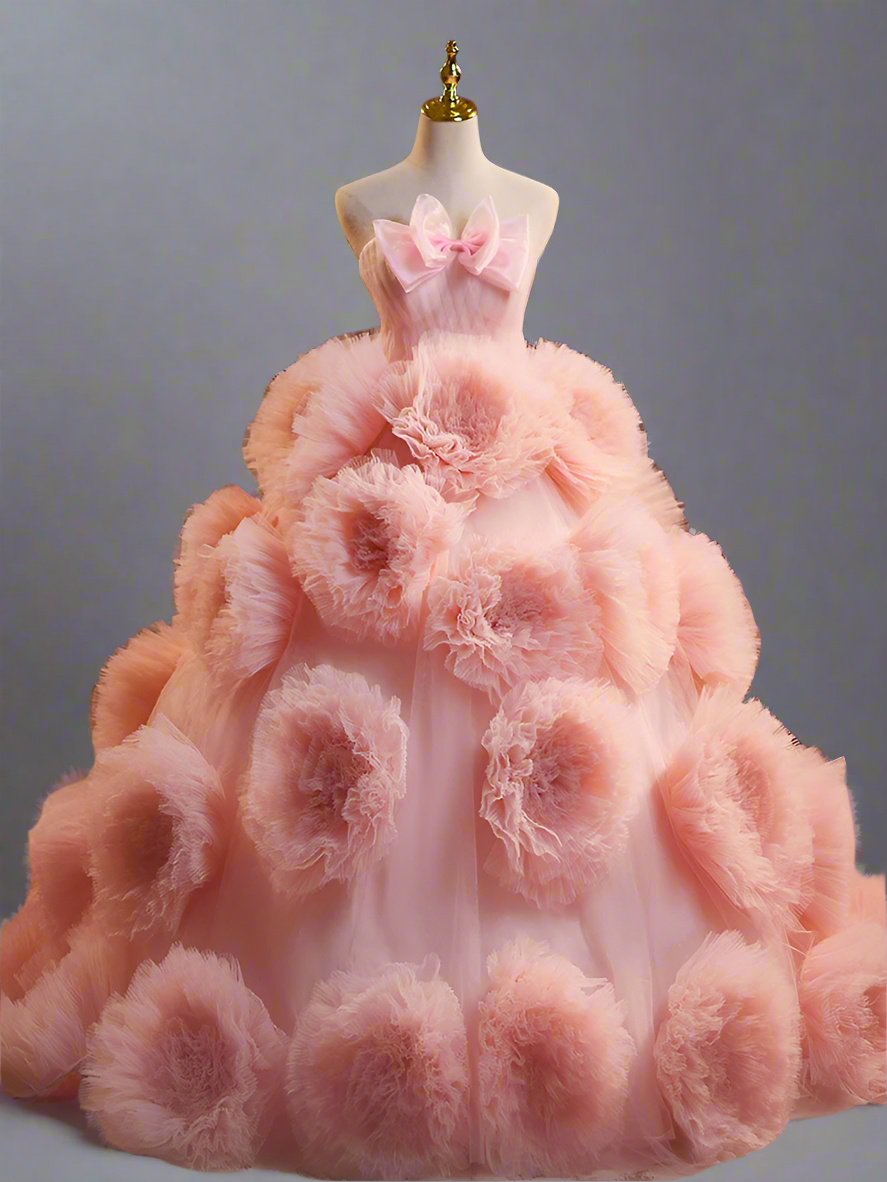 Pink Floral Ball Gown with 3D Rose Detail - 3d Rose Dress with Boe Nec ...