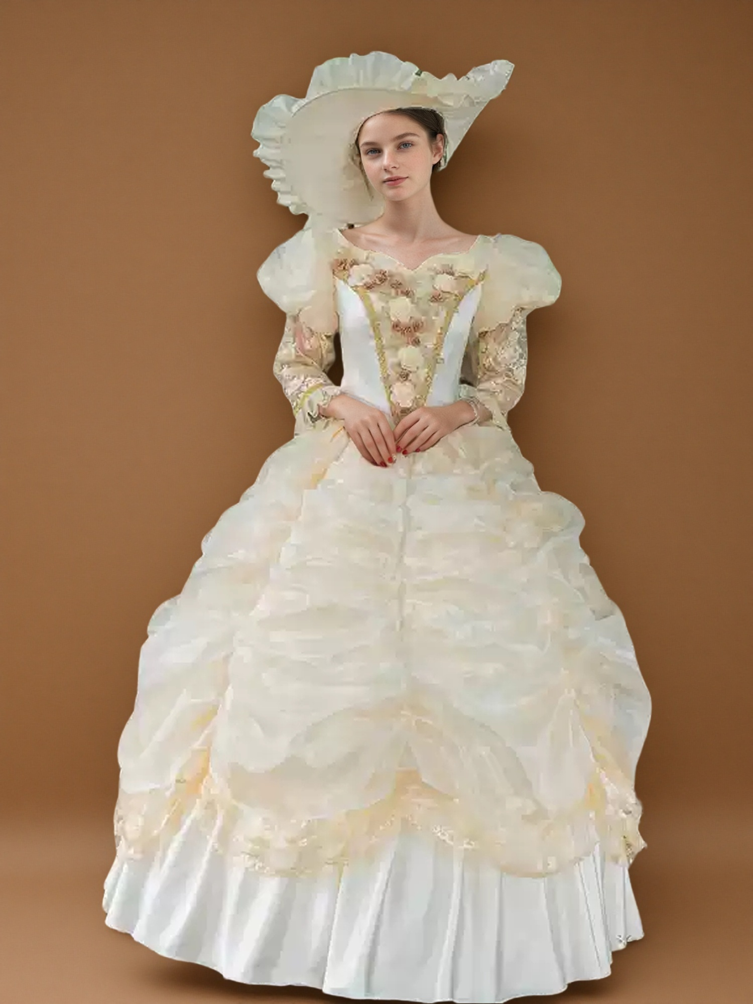 Cream Rococo Ball Gown with Ruffled Organza Skirt and Floral Embroider ...