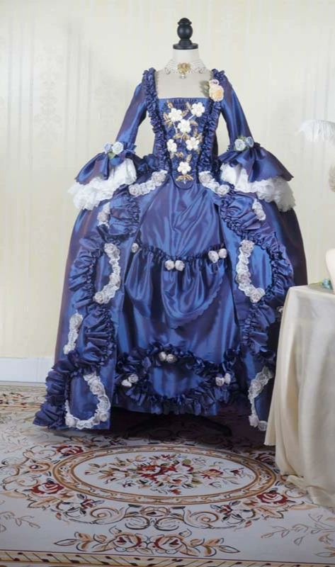 Royal Blue Rococo Ball Gown with Floral Lace and Ruffled Detailing – V ...