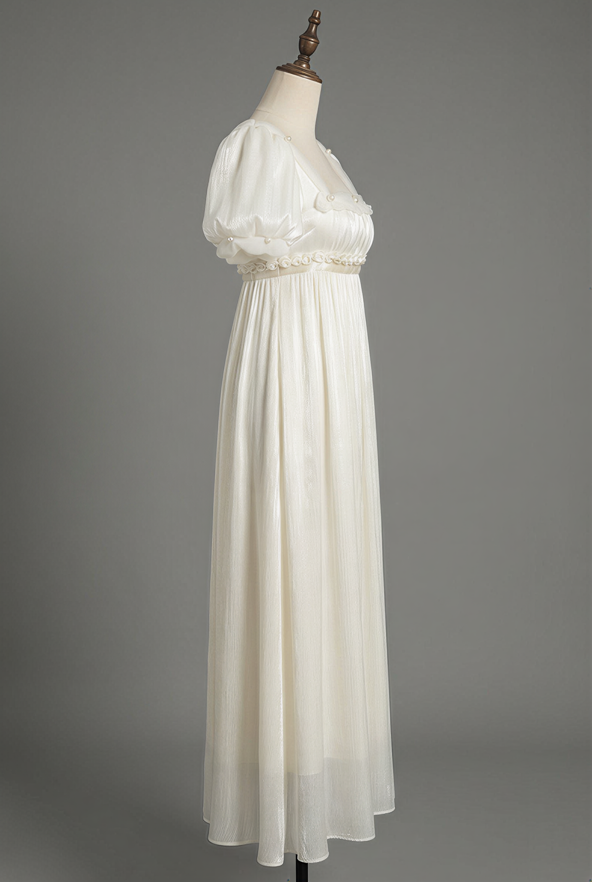 Regency Era Soft Ivory Empire Waist Chiffon Dress with Puff Sleeves ...