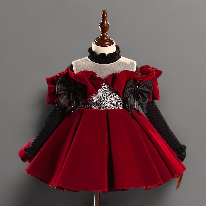 Gothic Red Velvet Long Sleeve Flower Girl Dress with Black Lace and Bo ...