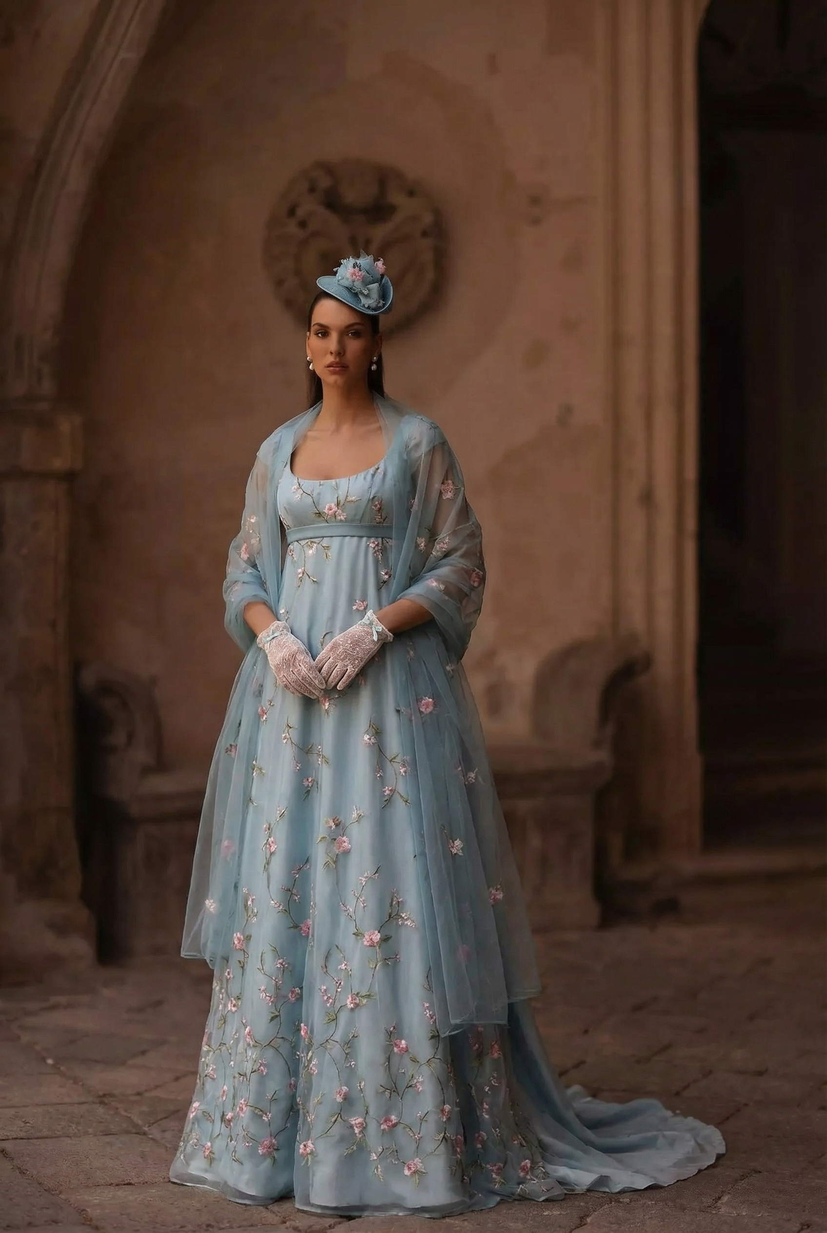 Bridgerton Daphne Blue Dress With Floral Lace Satin - Regency Era Blue ...