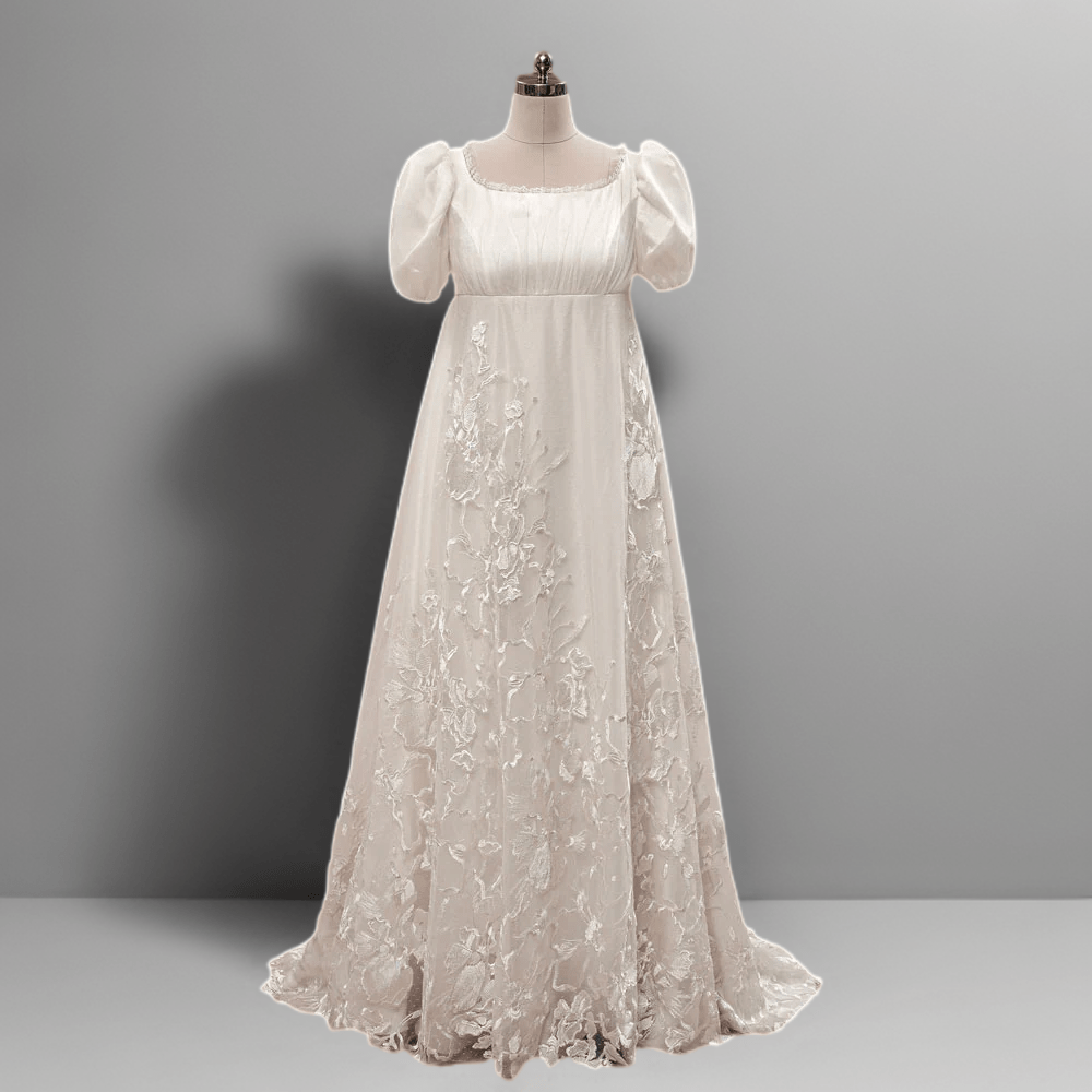 Bridgerton Daphne White Regency Era Dress with Floral Embroidered Trai – WonderlandByLilian