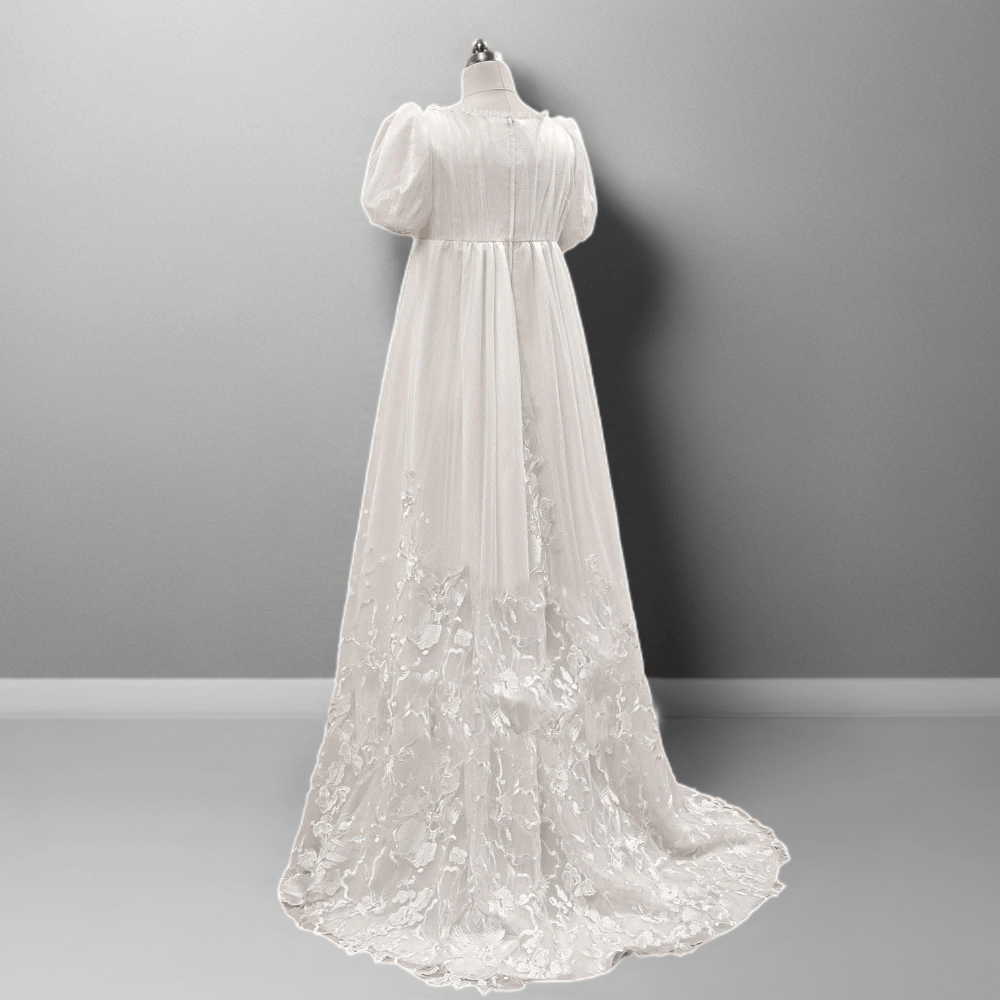 Bridgerton Daphne White Regency Era Dress with Floral Embroidered Trai ...