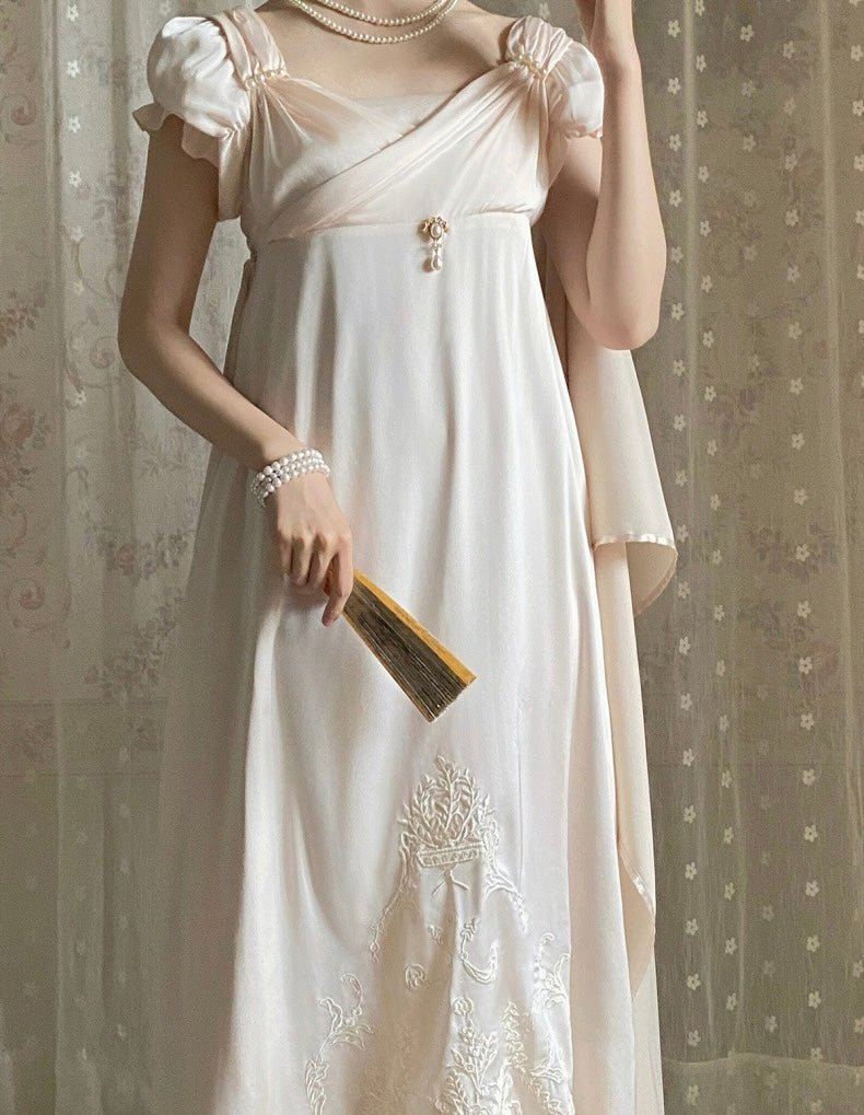 Cream Regency Era Dress with Elegant Embroidery - Custom Regency Dress ...