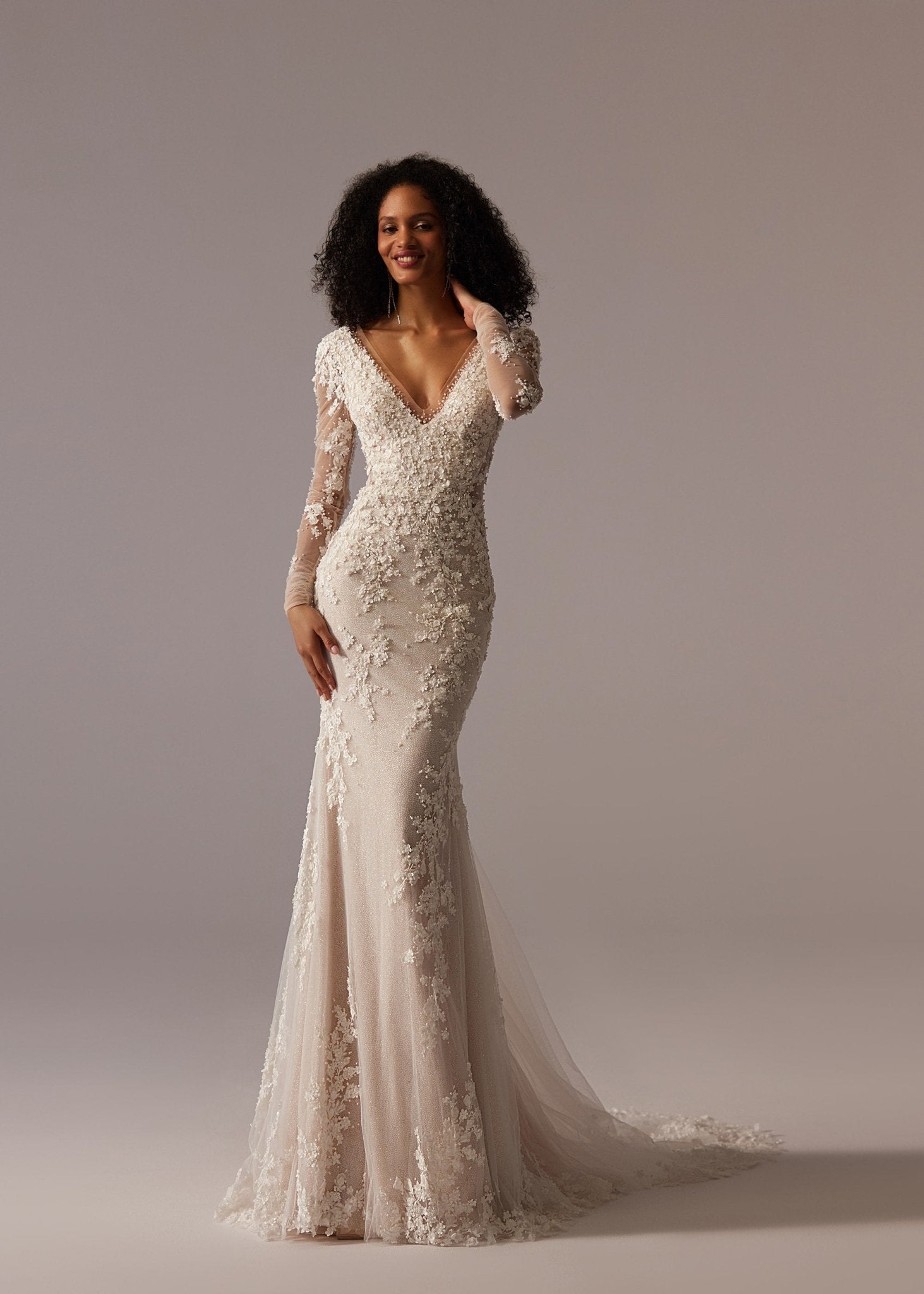 Ivory V-Neck Lace Wedding Dress with Long Sheer Sleeves and Floor-Leng ...