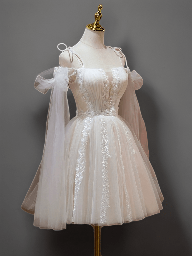 Enchanting Off-Shoulder Short Lace Wedding Dress with Sleeves - Floral ...