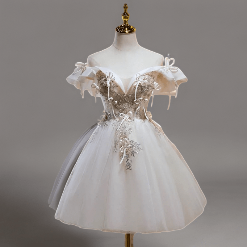 Enchanting Off-Shoulder Short Lace Wedding Party Dress - Floral Tulle ...