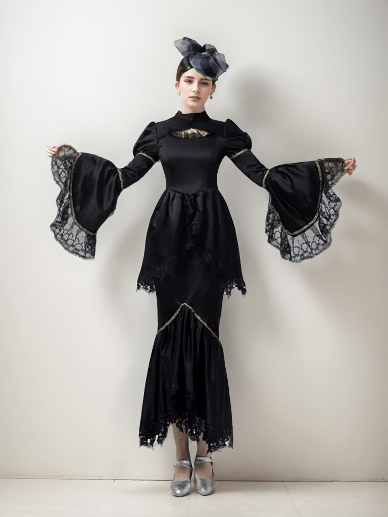 Gothic Black Rococo Style Dress – Dramatic Bell Sleeves and Mermaid He ...