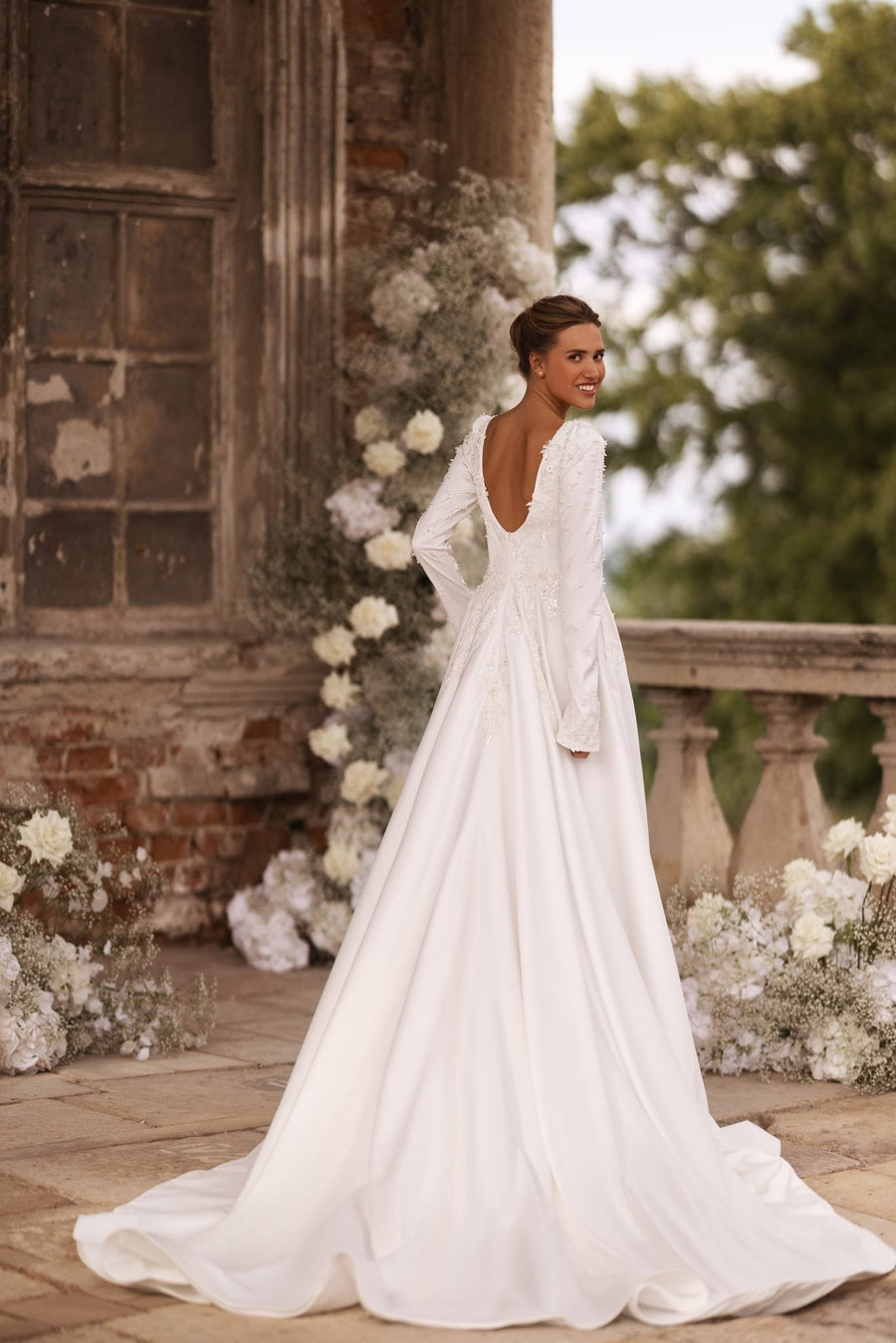 Ivory Off-Shoulder Wedding Dress with Floral Embellishments and Lace S ...