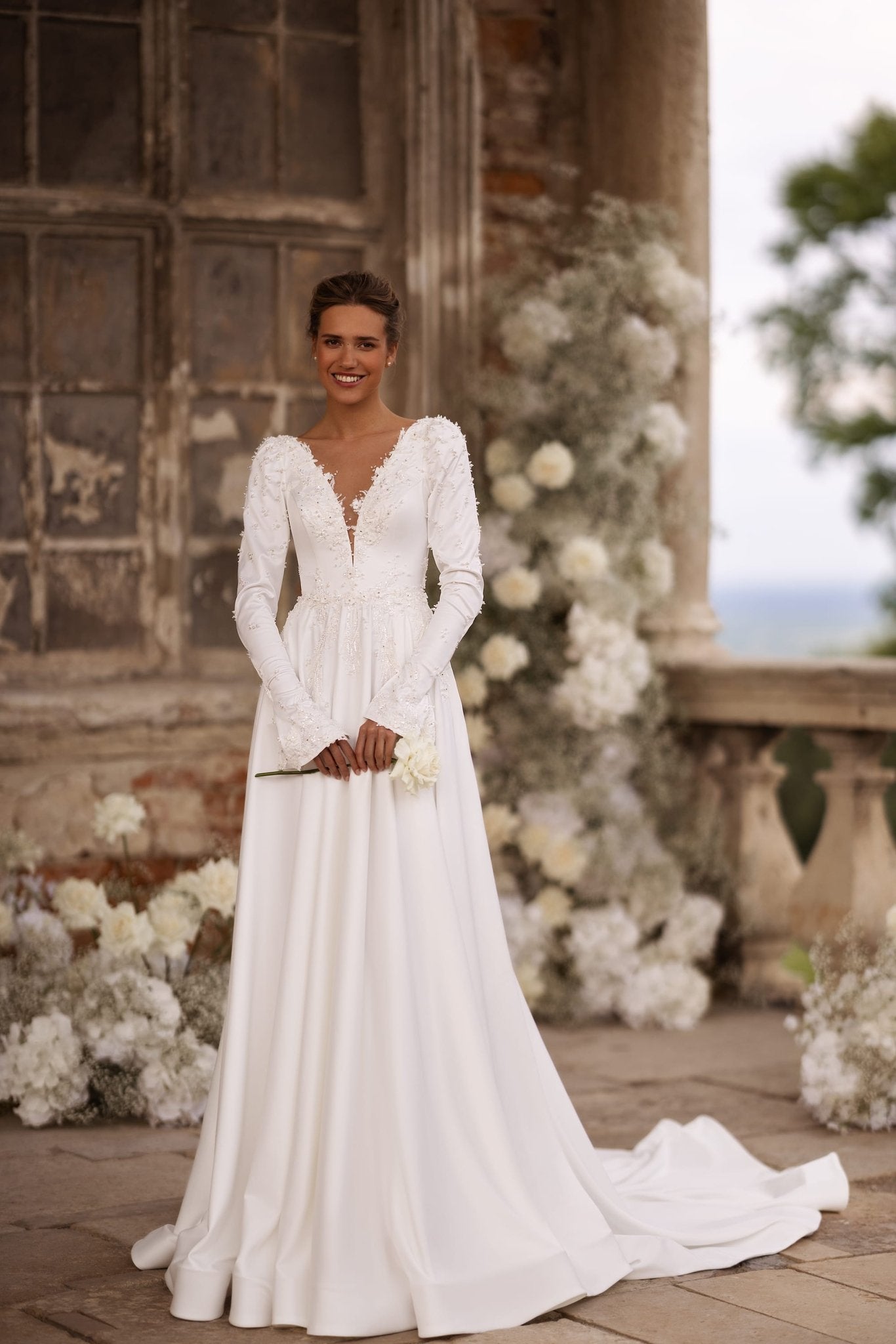 Ivory Off-Shoulder Wedding Dress with Floral Embellishments and Lace S ...