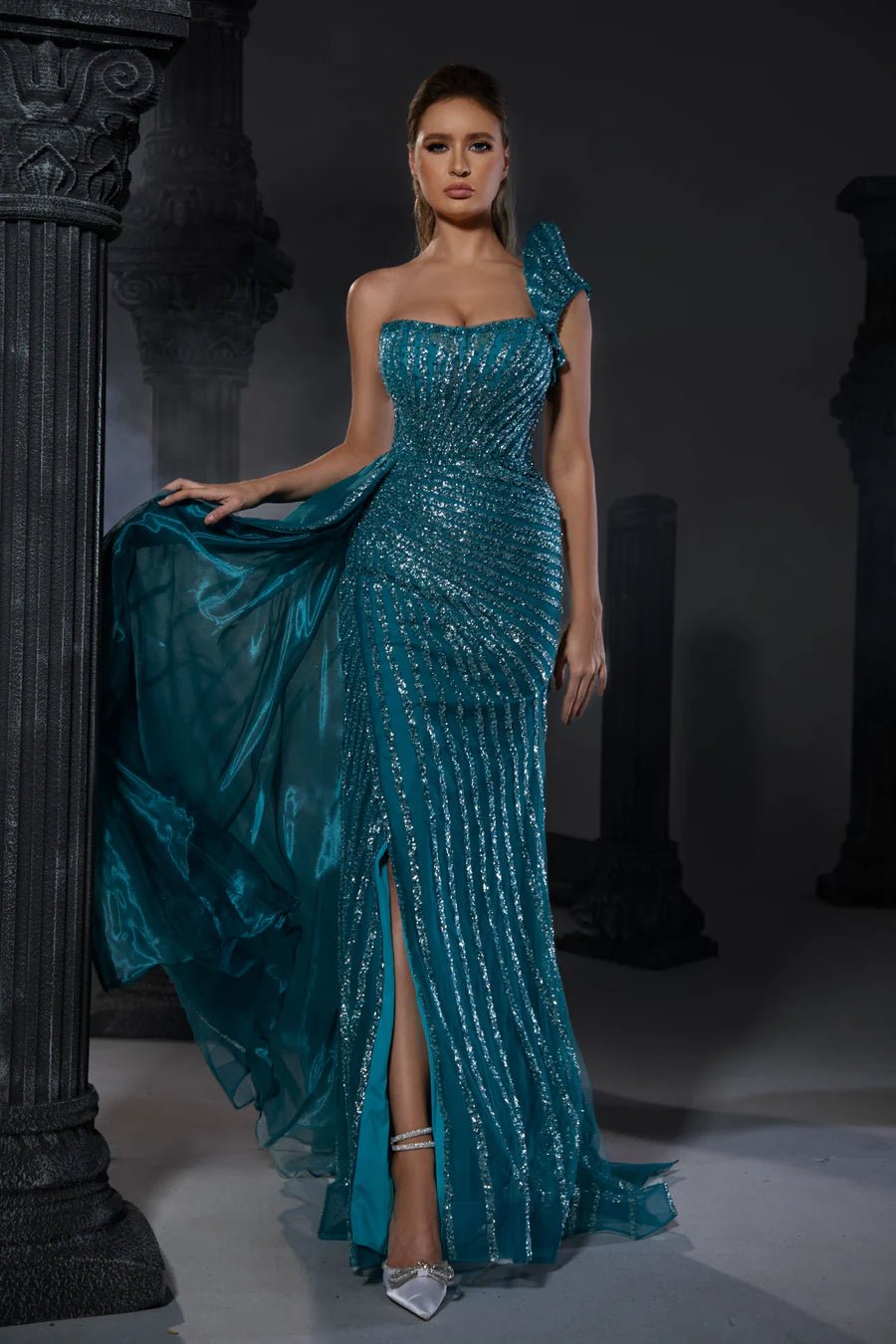 Luxurious Turq Sequin Evening Gown with One Shoulder and Slit - Pretty ...