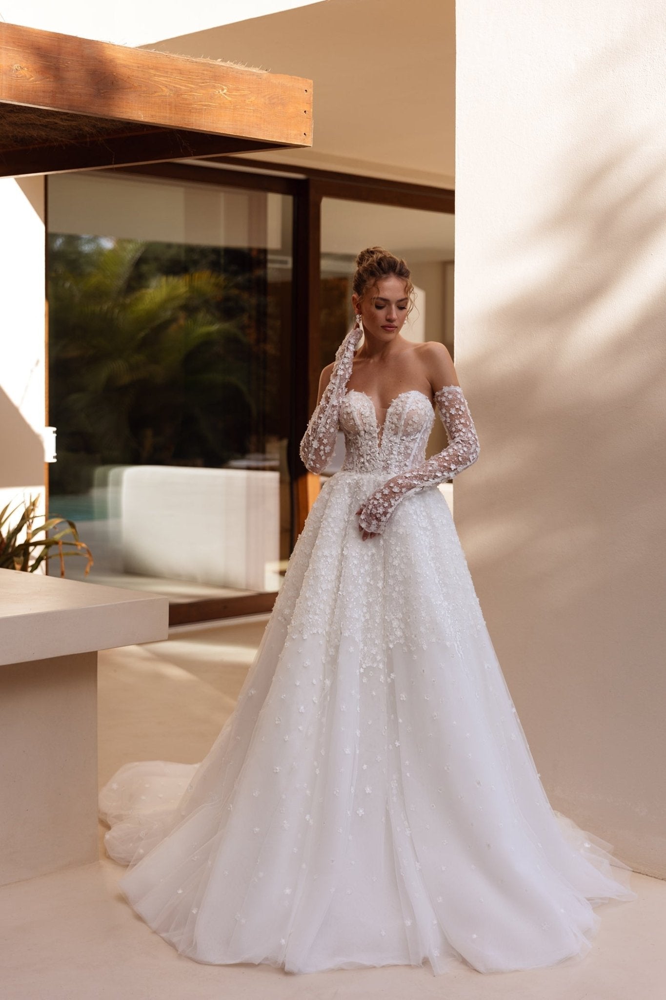 White A-Line Wedding Dress with Off-Shoulder Sheer Sleeves and Beaded ...