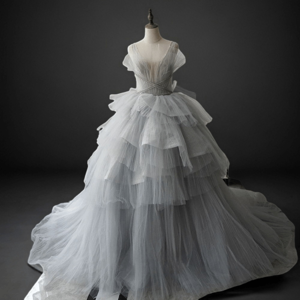 Silver Grey Layered Tulle Ruffle Dress - Elegant Grey Plunging V-Neck ...