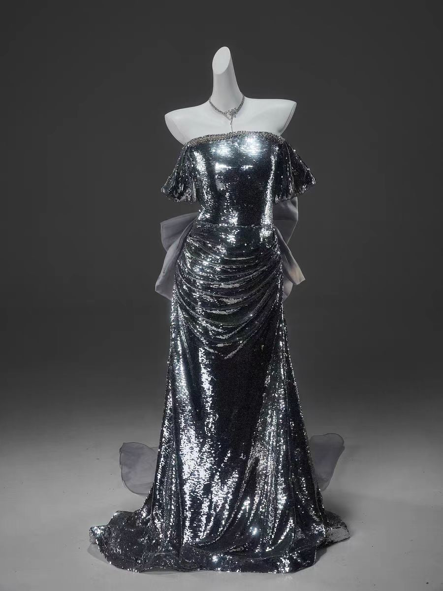 Silver Sequin Off-the-Shoulder Evening Gown with Elegant Draping - Plu ...