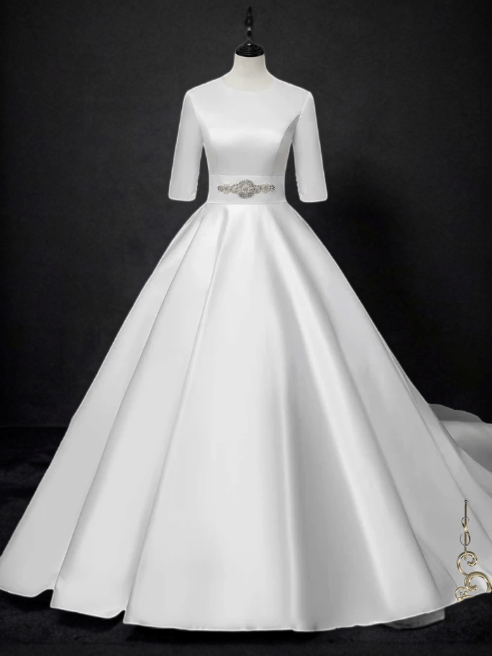 Sophisticated Radiance: Modest Satin Wedding Dress With Crystal Belt w ...