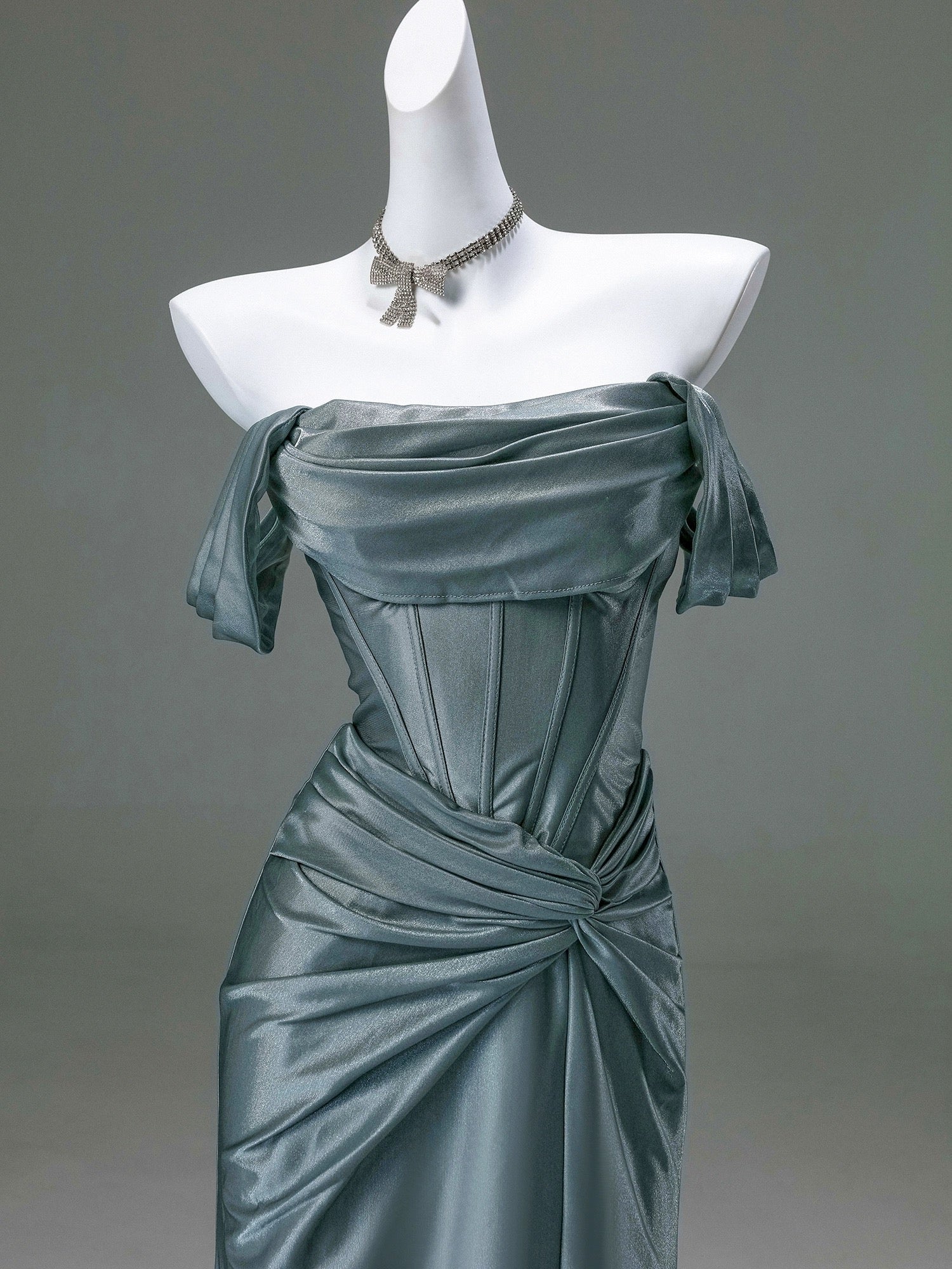 Steel Blue Silk Evening Dress - Corset Back Wedding Dress with Off-the ...