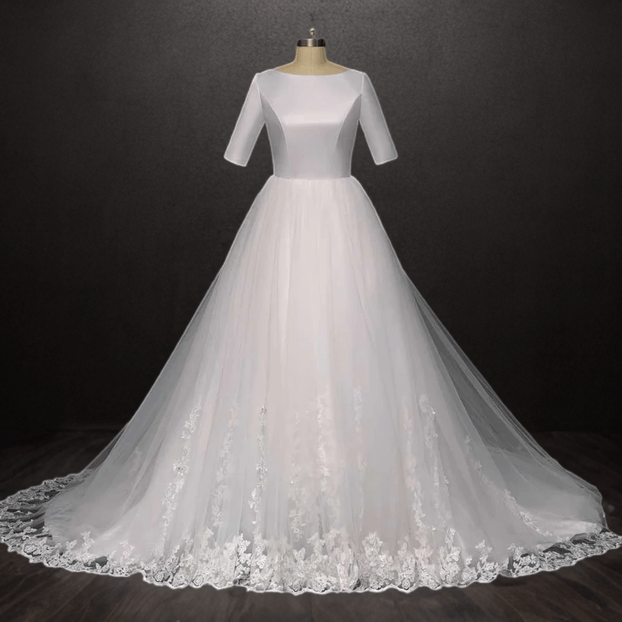 Timeless Beauty: Modest Simple Satin Lace Wedding Dress with Sleeves P ...