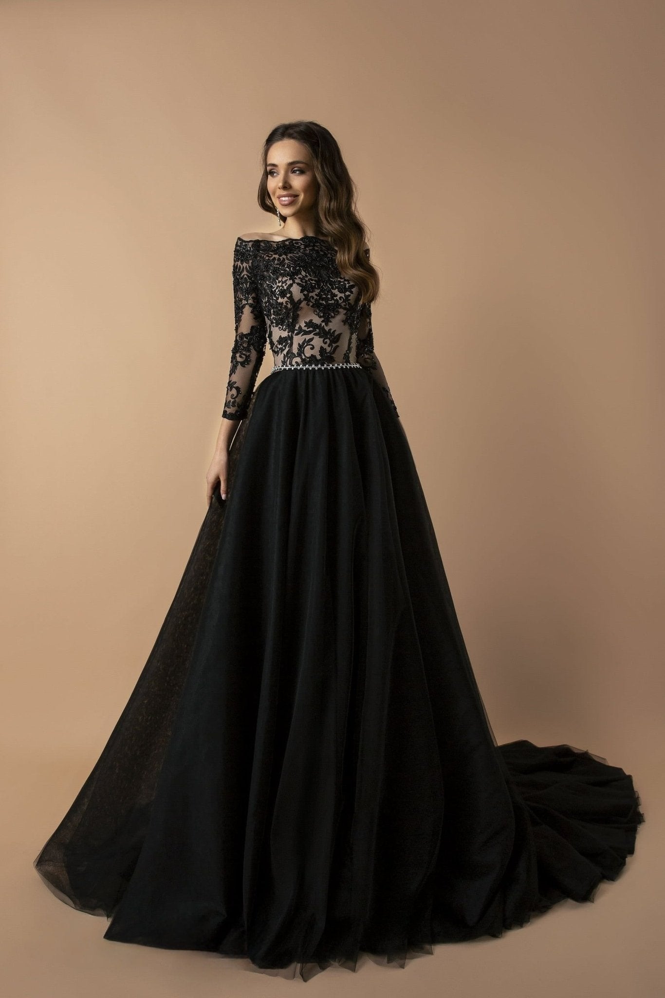 Vintage-Inspired Gothic Black Ball Gown with Lace Overlay and Full-Len ...