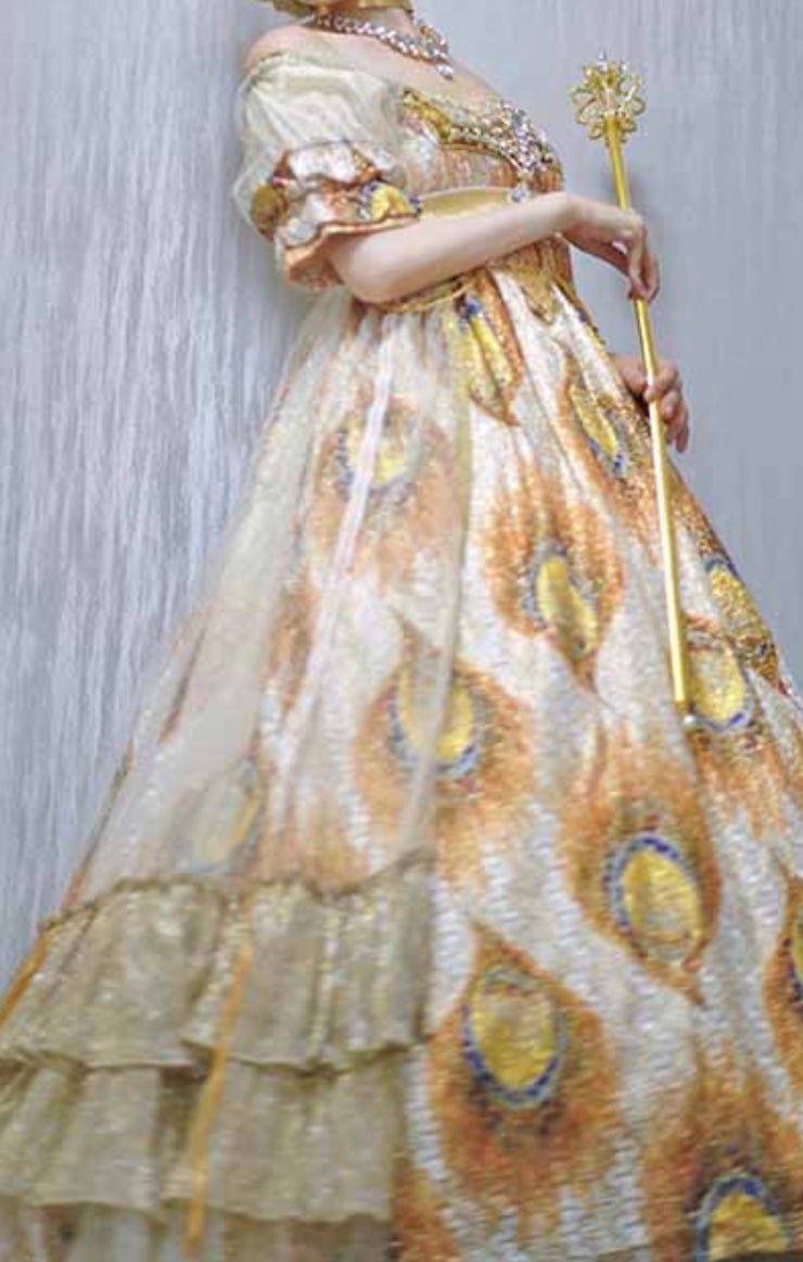 Bridgerton Inspired Gold Printed Regency Era Ball Gown - Regency Era p ...
