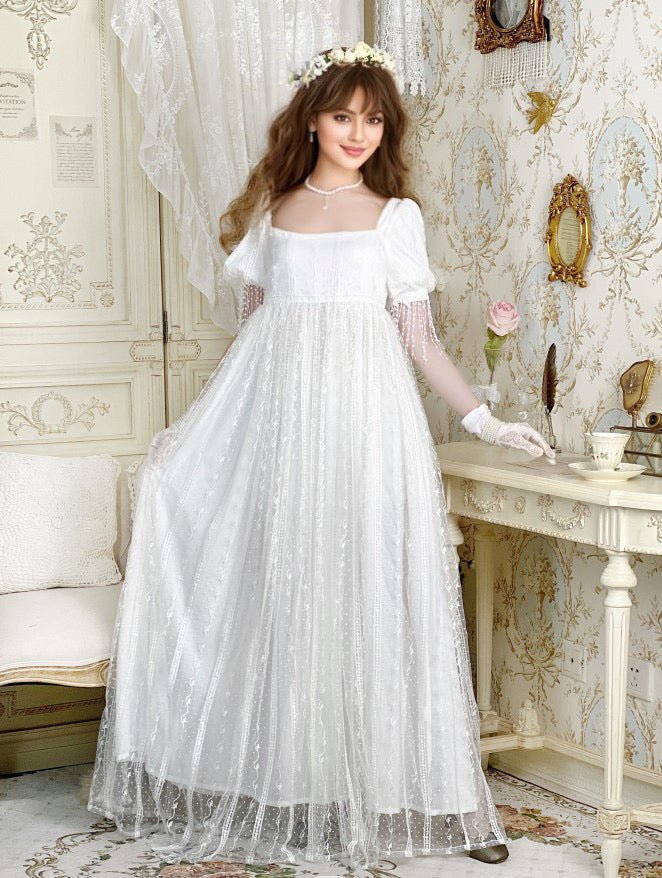Romantic Regency Era White Lace Wedding Dress - Empire Waist Ball Gown ...